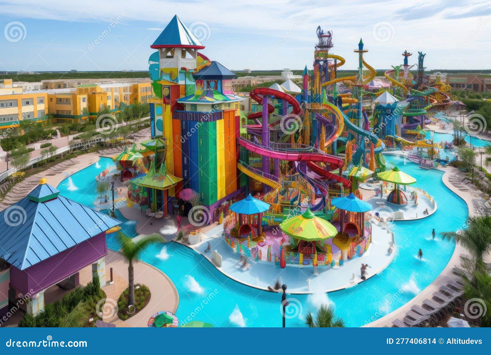 Water Park with Towering Slides and Interactive Water Features ...