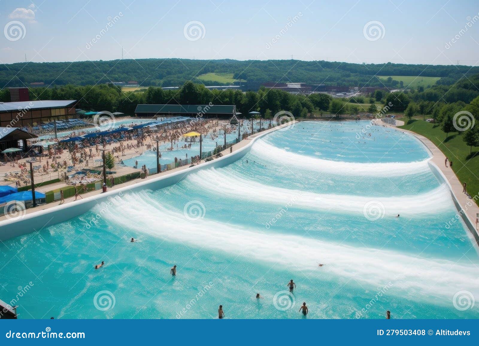 Water Park With Wave Pool Where People Swim And Surf On The Waves