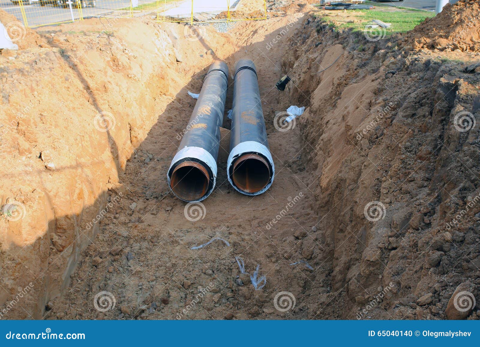 Water Pipes In Ground Pit Trench Ditch During Plumbing Under ...