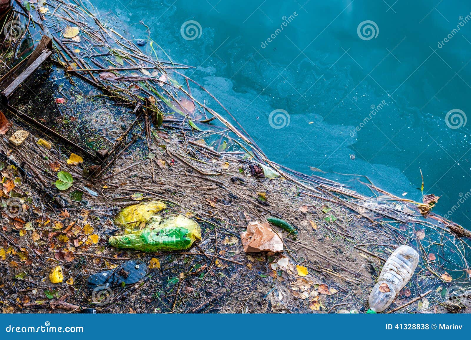 Water Pollution Old Garbage and Oil Patches on Water Surface Stock ...