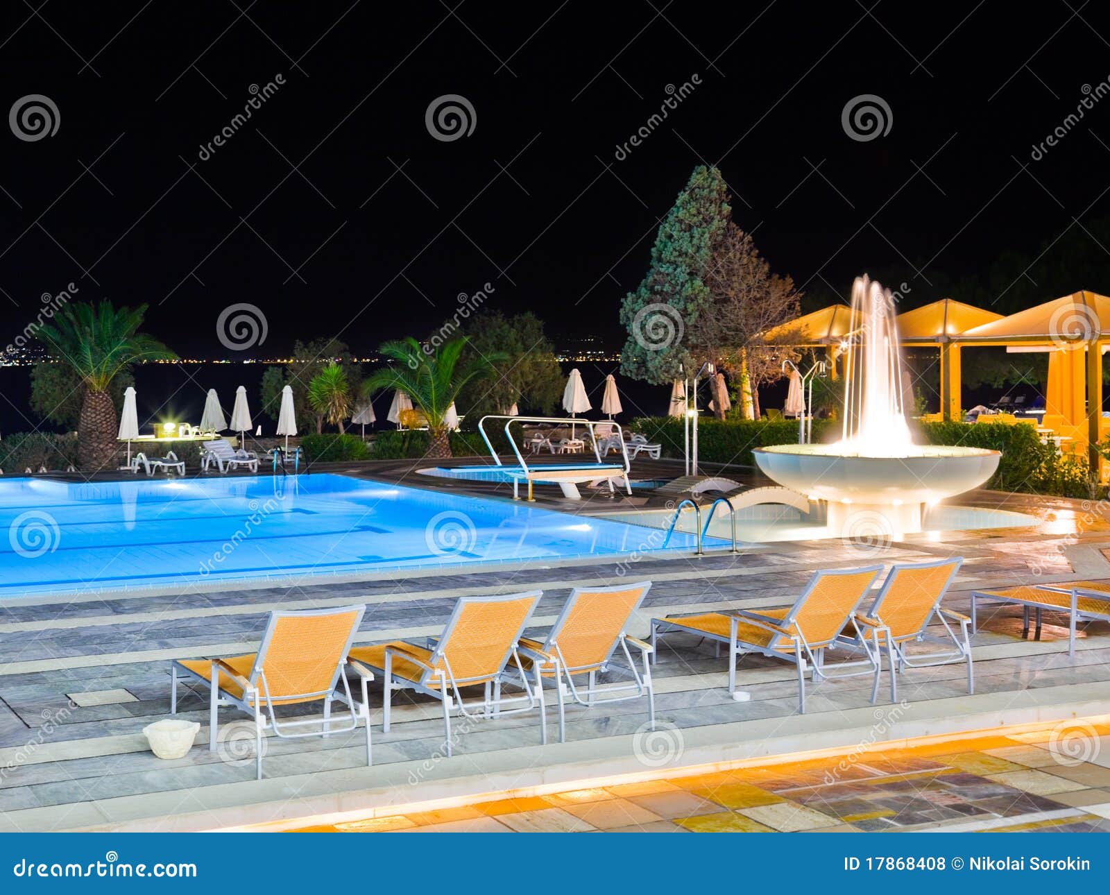Water Pool and Fountain at Night Stock Photo - Image of fountain ...