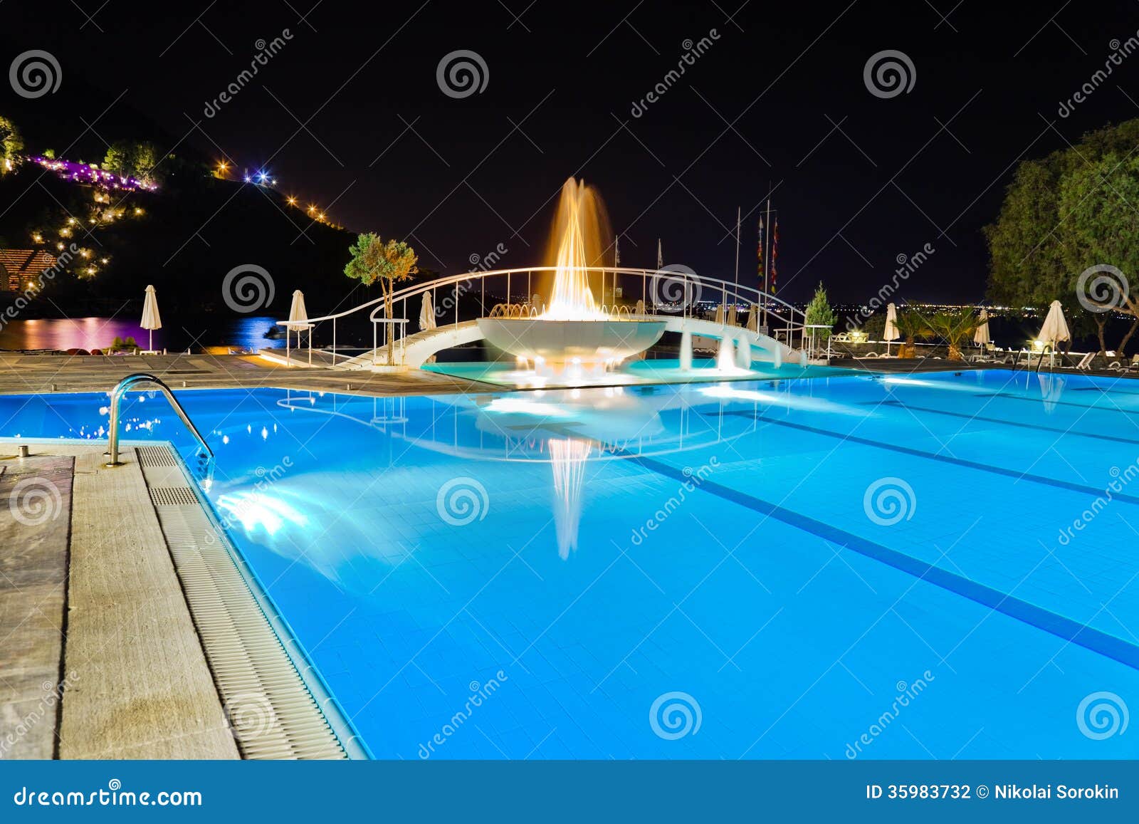 Water Pool and Fountain at Night Stock Photo - Image of nature, chair ...