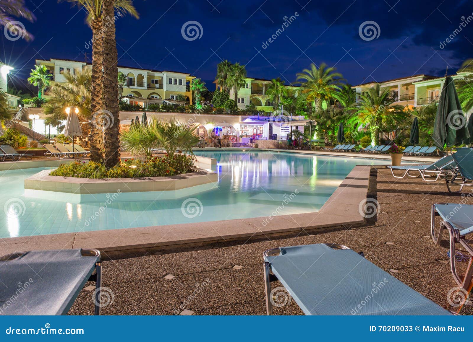 Water Pool at Night - Vacation Background Stock Image - Image of palm ...