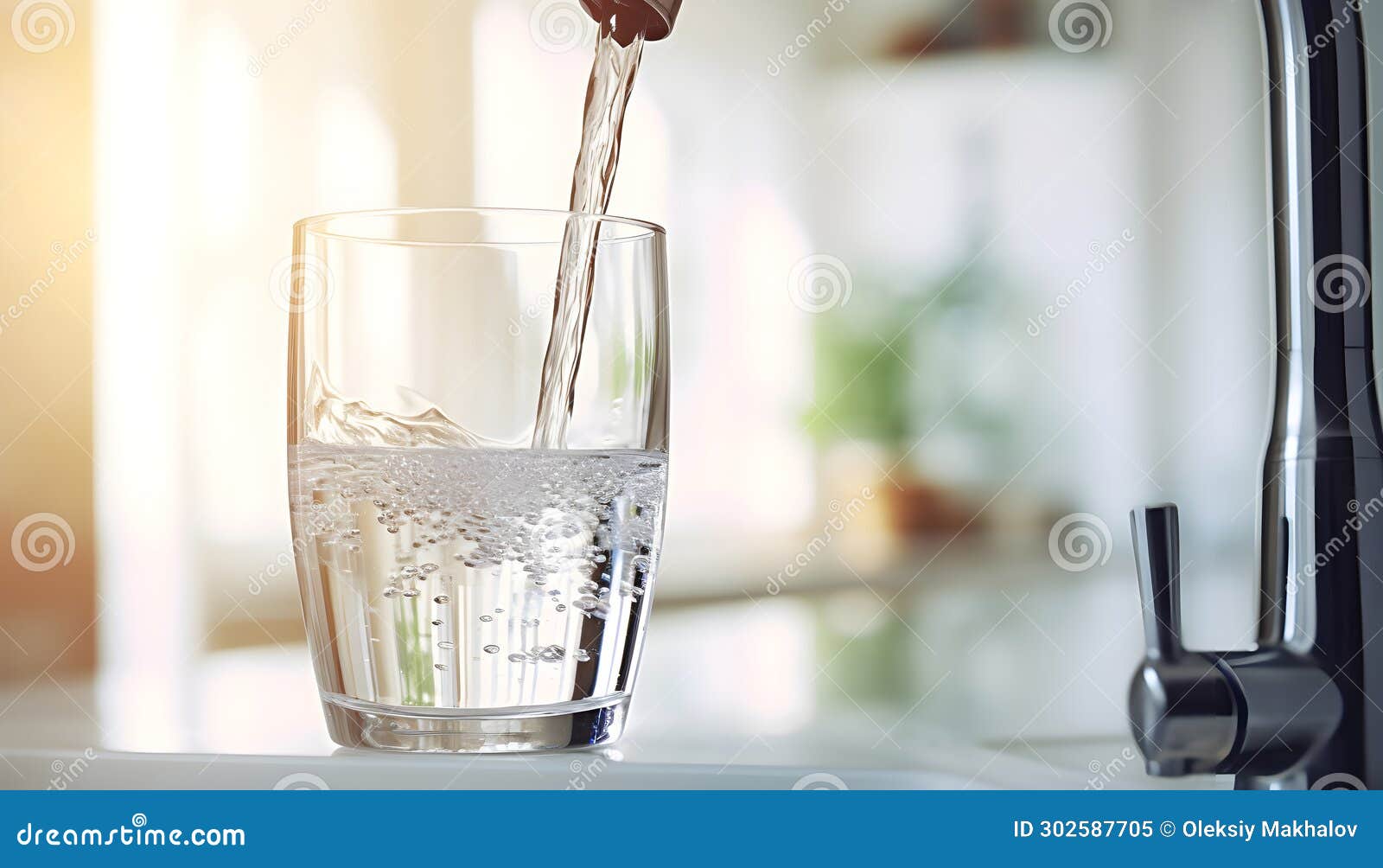 Water is Pouring from a Tap into a Glass Over Blurred White Kitchen ...