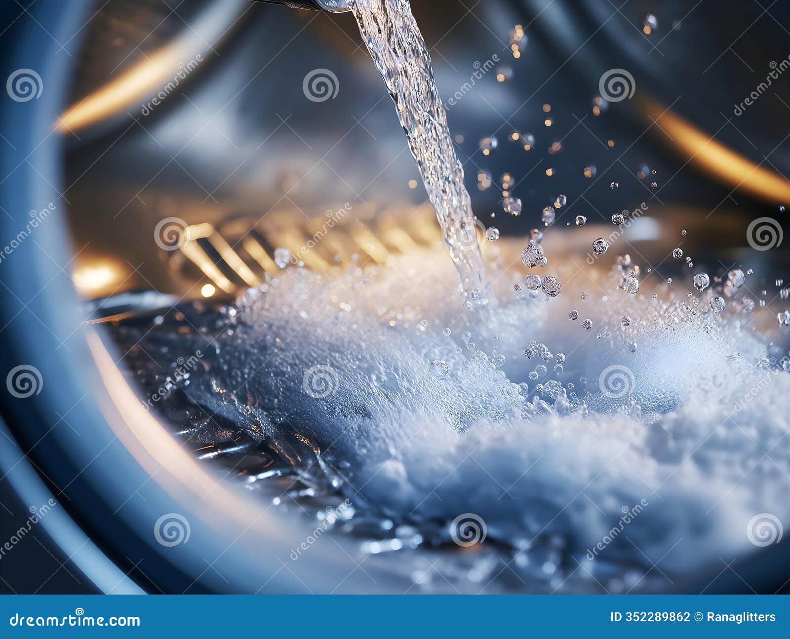 Water Pouring into a Washing Machine Drum, Creating a Foamy and Bubbly ...