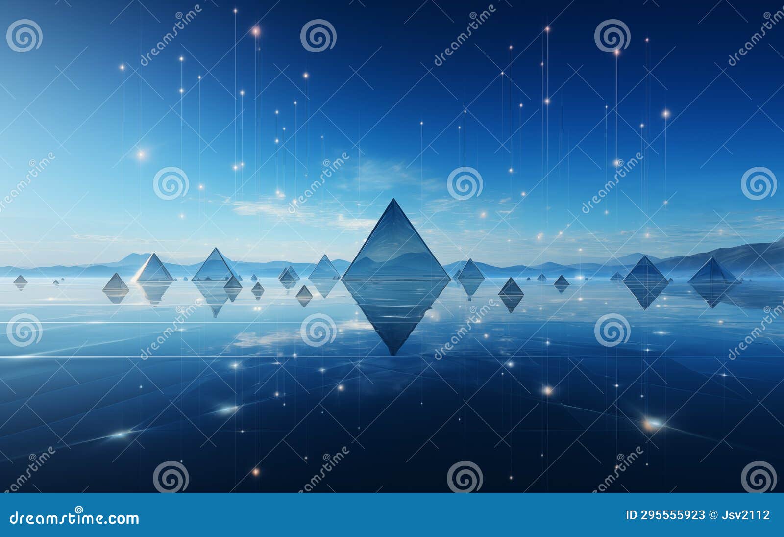 Water Pyramids Against the Background of Mountains with Stars Ascending ...