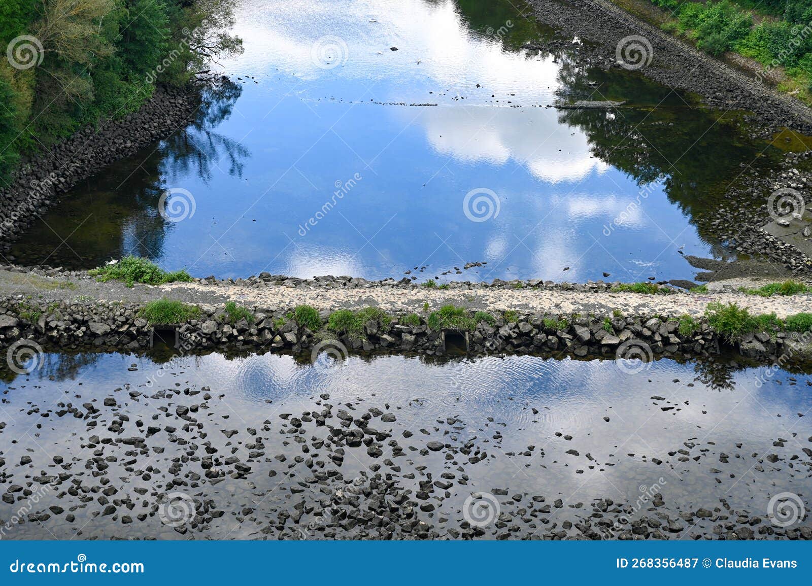 Water and Reflection from the Blue Sky and a Stone Dam on the River ...