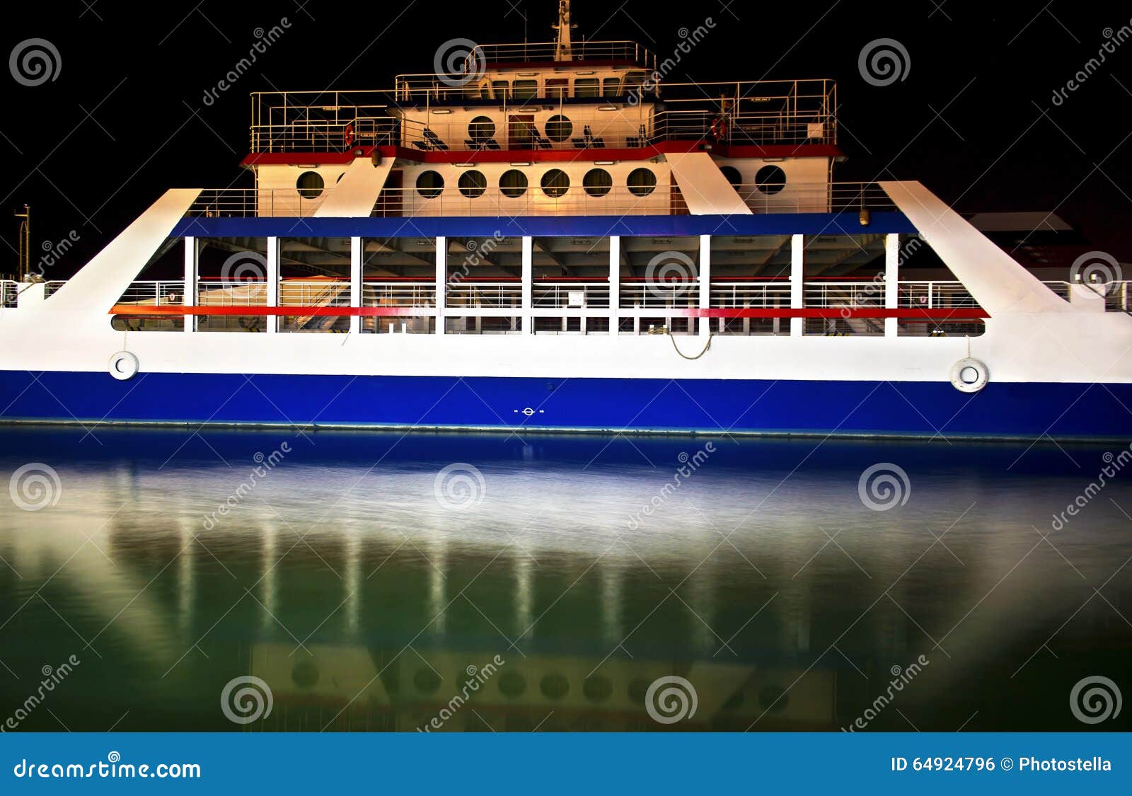 Water Reflection of a Ferry Boat at Night Stock Photo - Image of ...