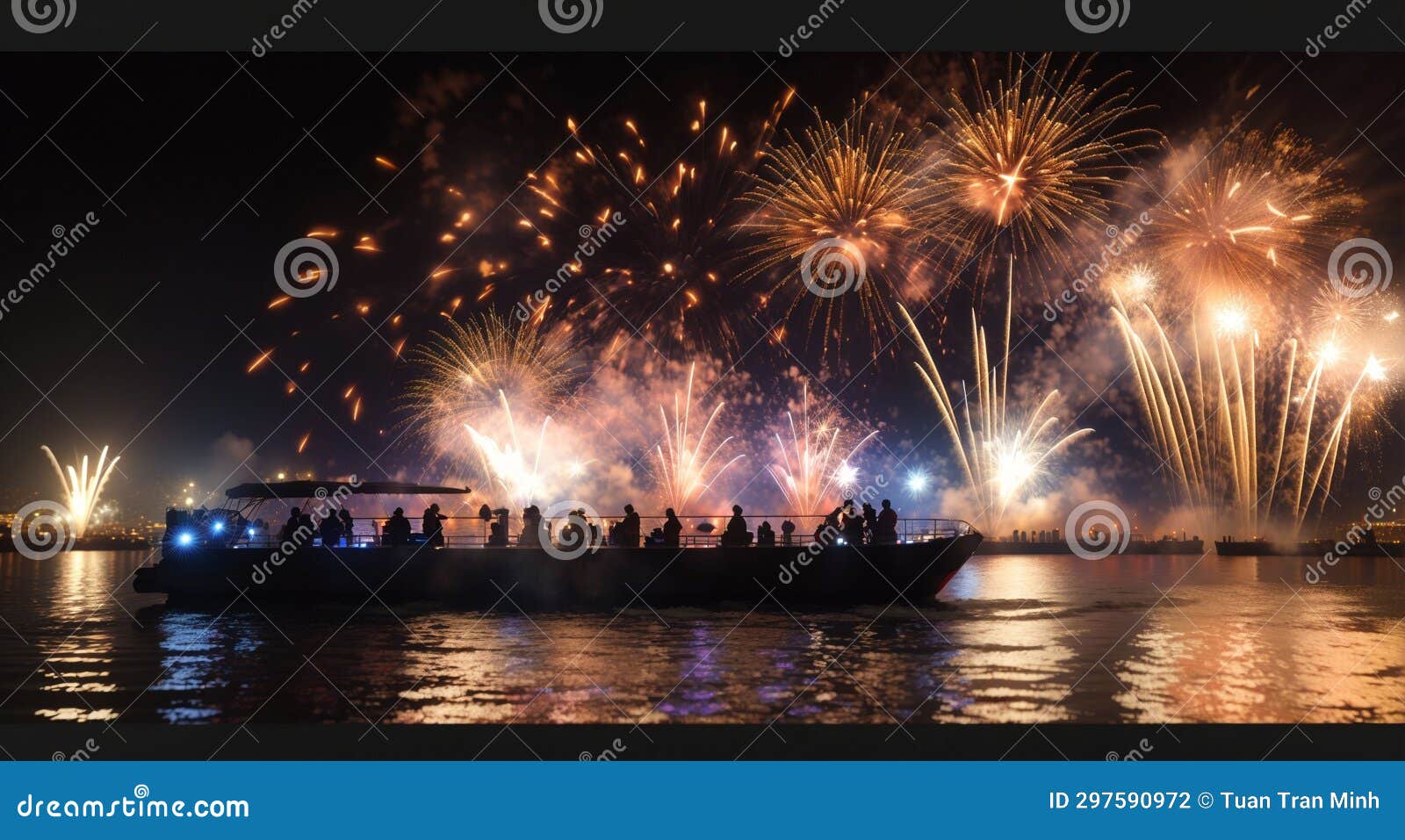Water Reflection of the Fireworks and Silhouettes Stock Photo - Image ...