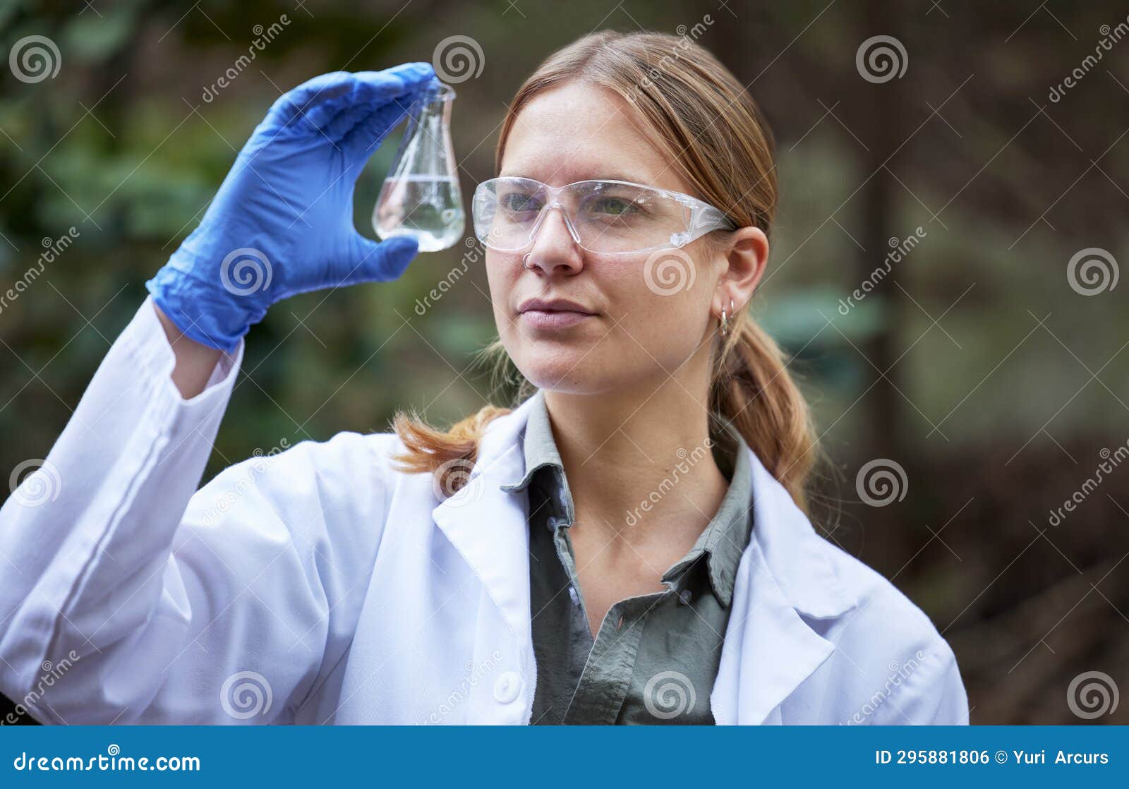 Water, Research and Woman Scientist Test in a Forest for Inspection of ...