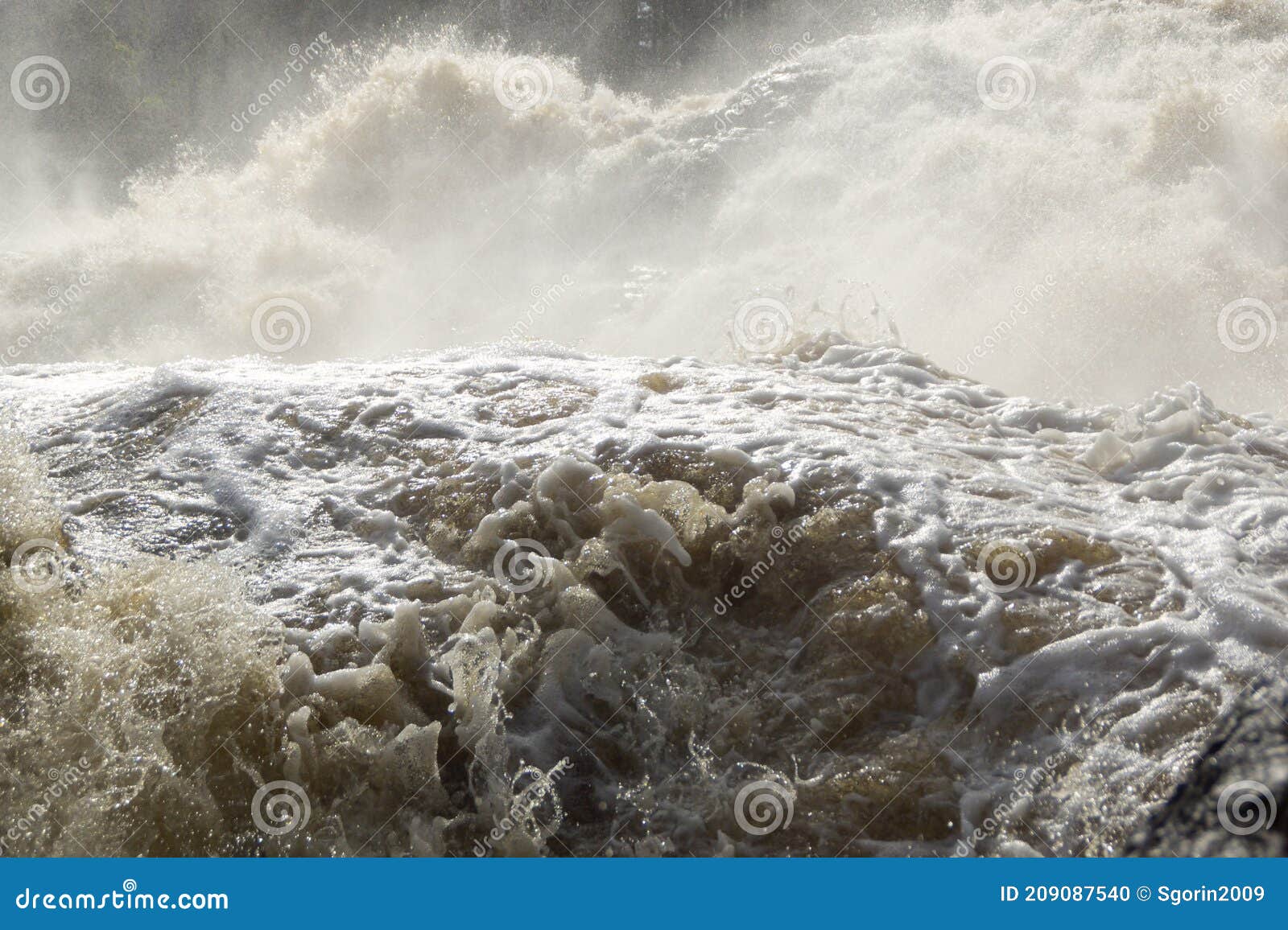 Water of River Breaks on Sharp Rocks in Waterfall with Splashes and ...