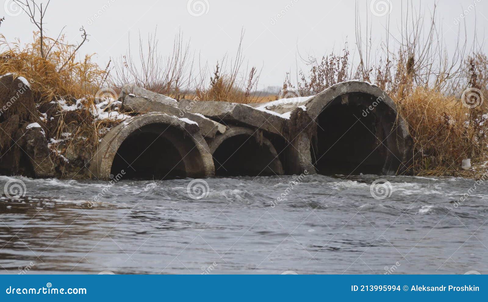 The Water on the River Flows from Large Pipes. Dam on River Stock ...