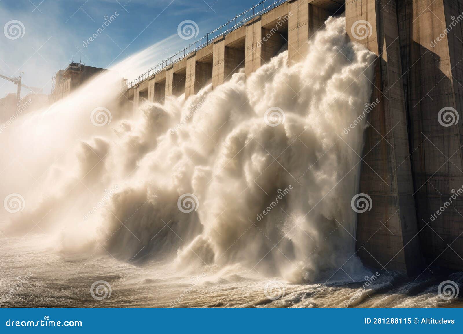 Water Rushing Out of Dam Spillway Creating Spray Stock Illustration ...