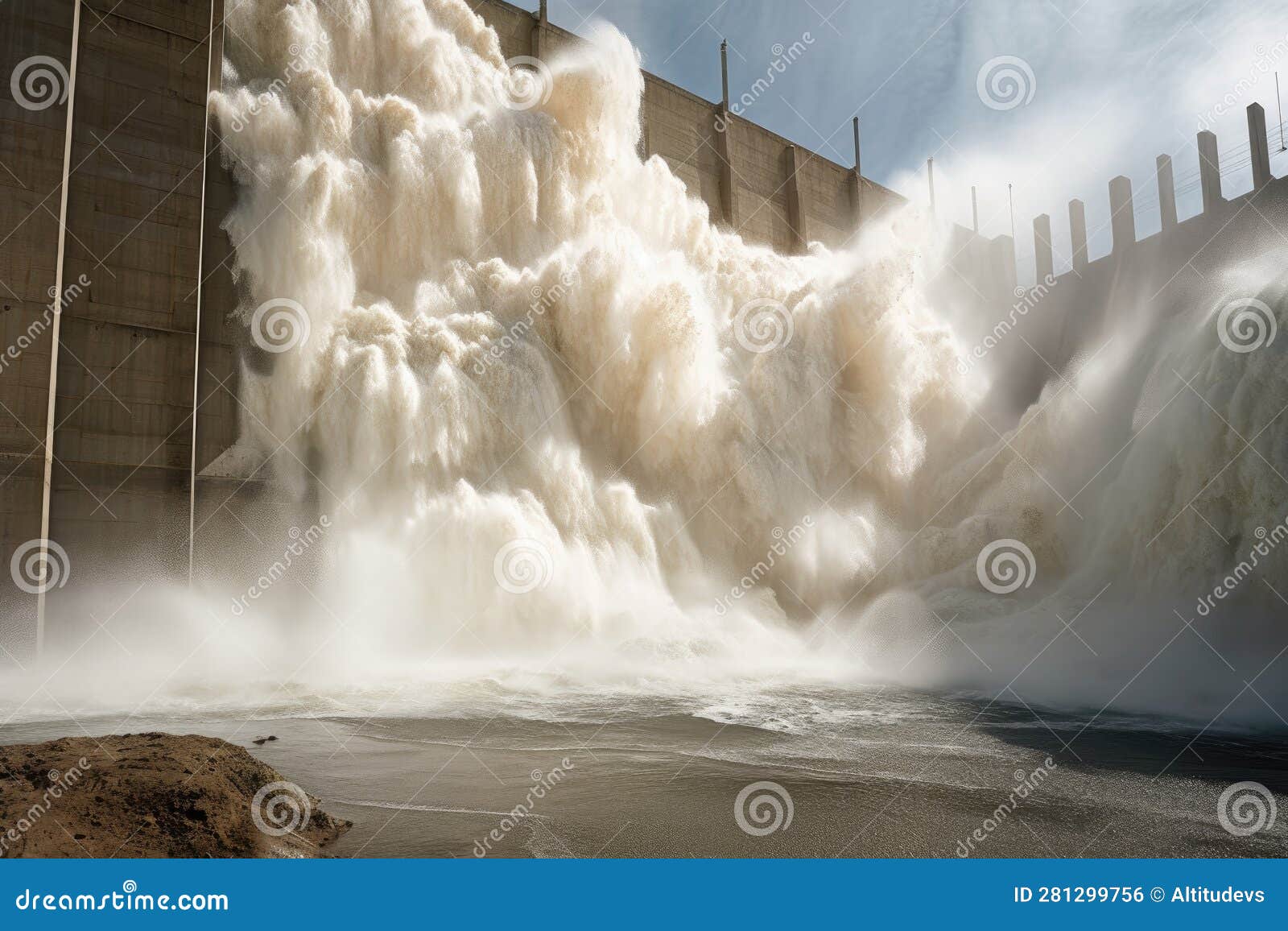 Water Rushing Out of Dam Spillway Creating Spray Stock Illustration ...
