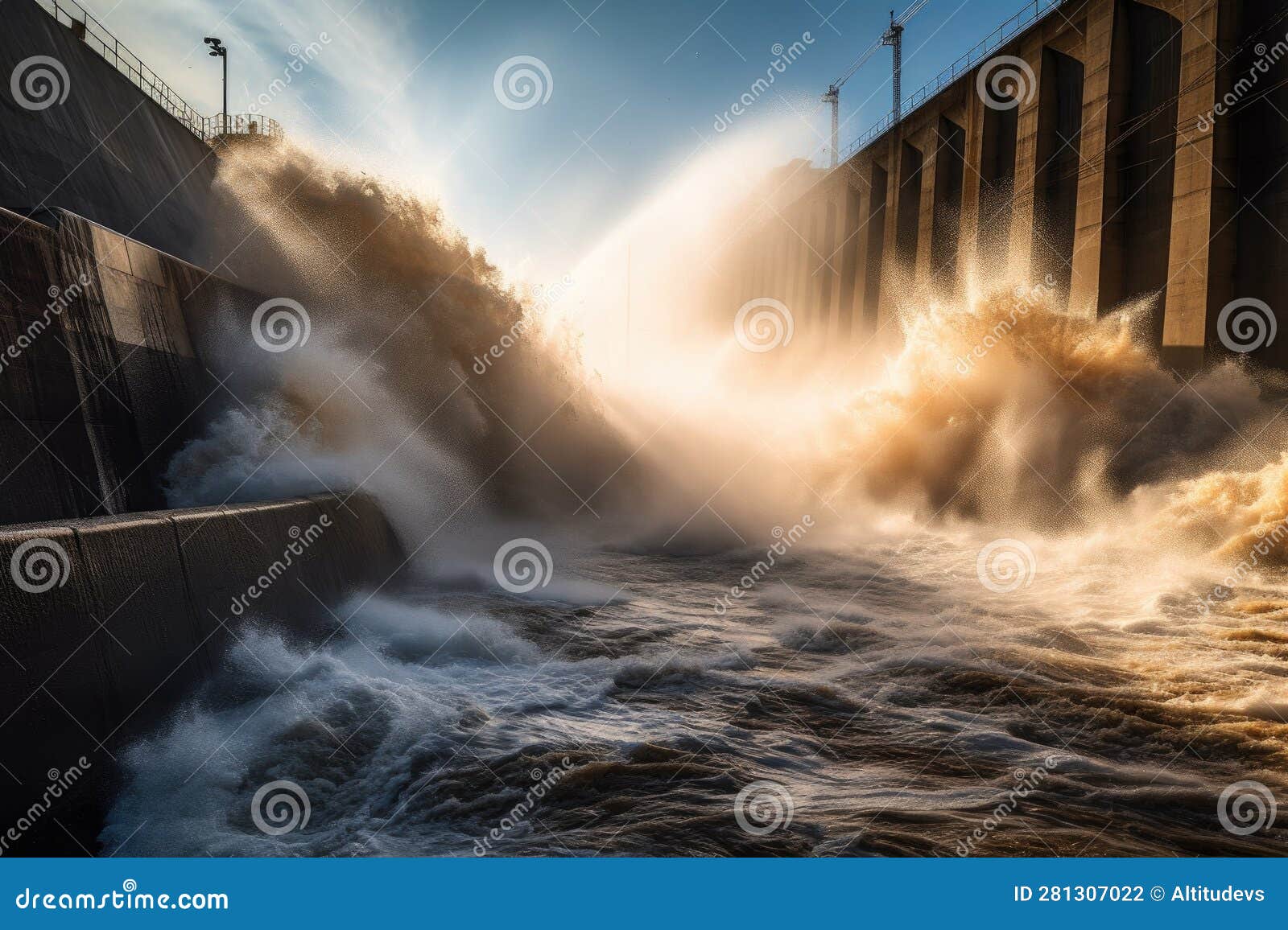 Water Rushing Out of Dam Spillway Creating Spray Stock Illustration ...