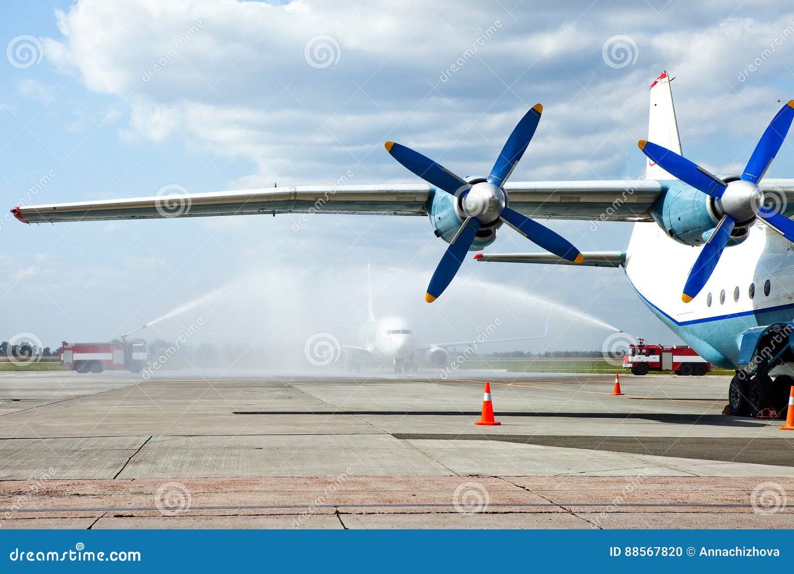 Water Salute for First Flight in Airport. Stock Photo - Image of plane ...