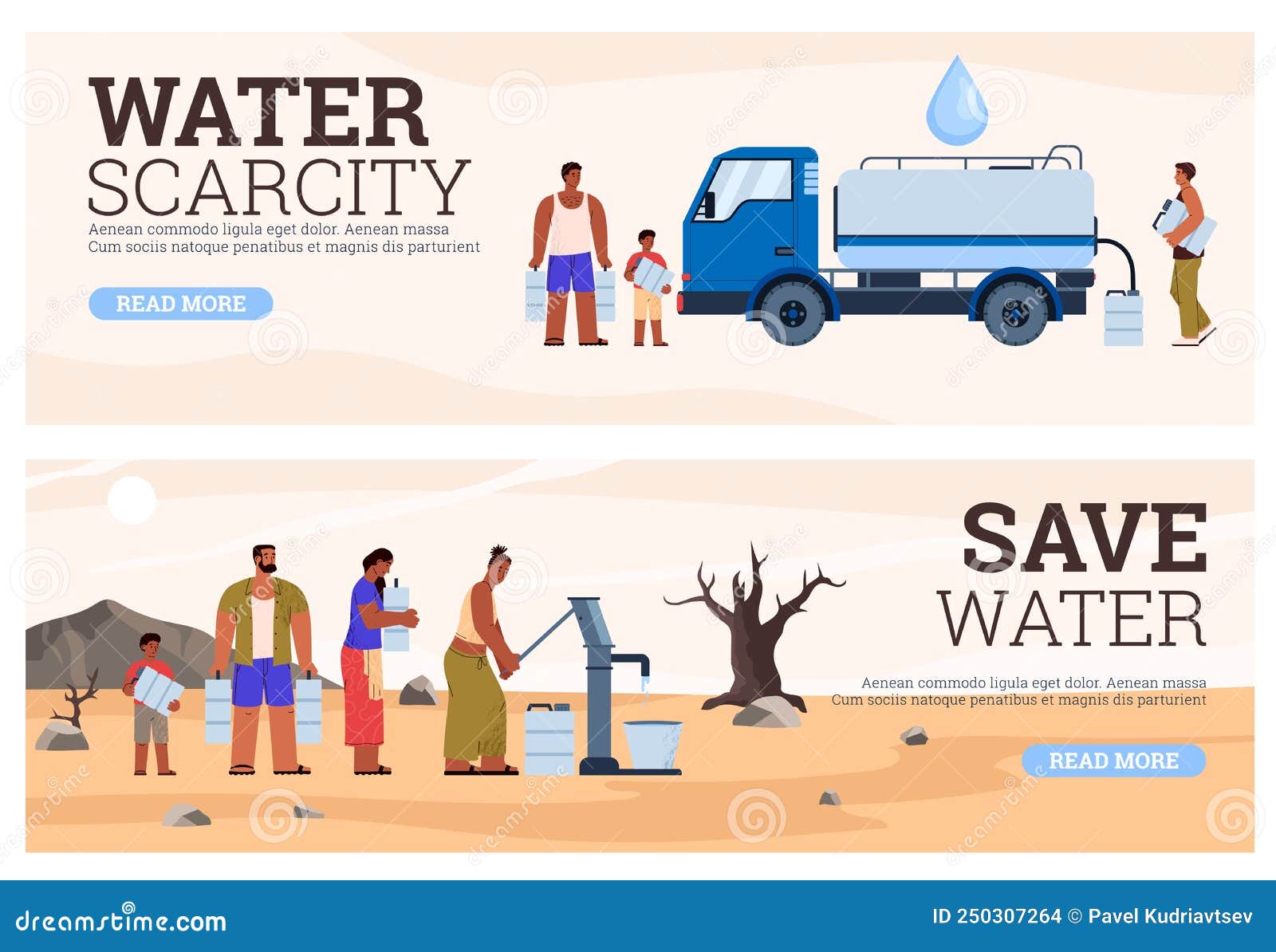 Water Scarcity Web Banners Set, People in Queue Waiting for Drinking ...
