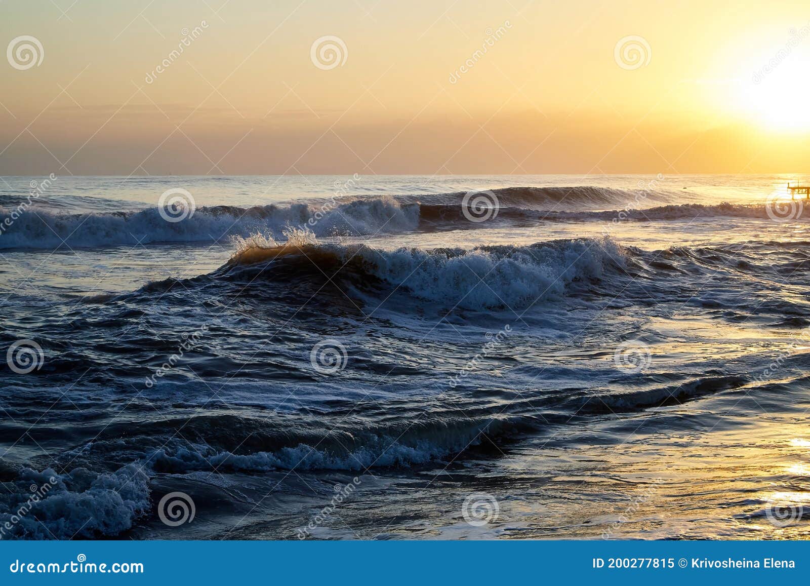 Water of Sea with Waves and Yellow Sky at Sunset Stock Image - Image of ...