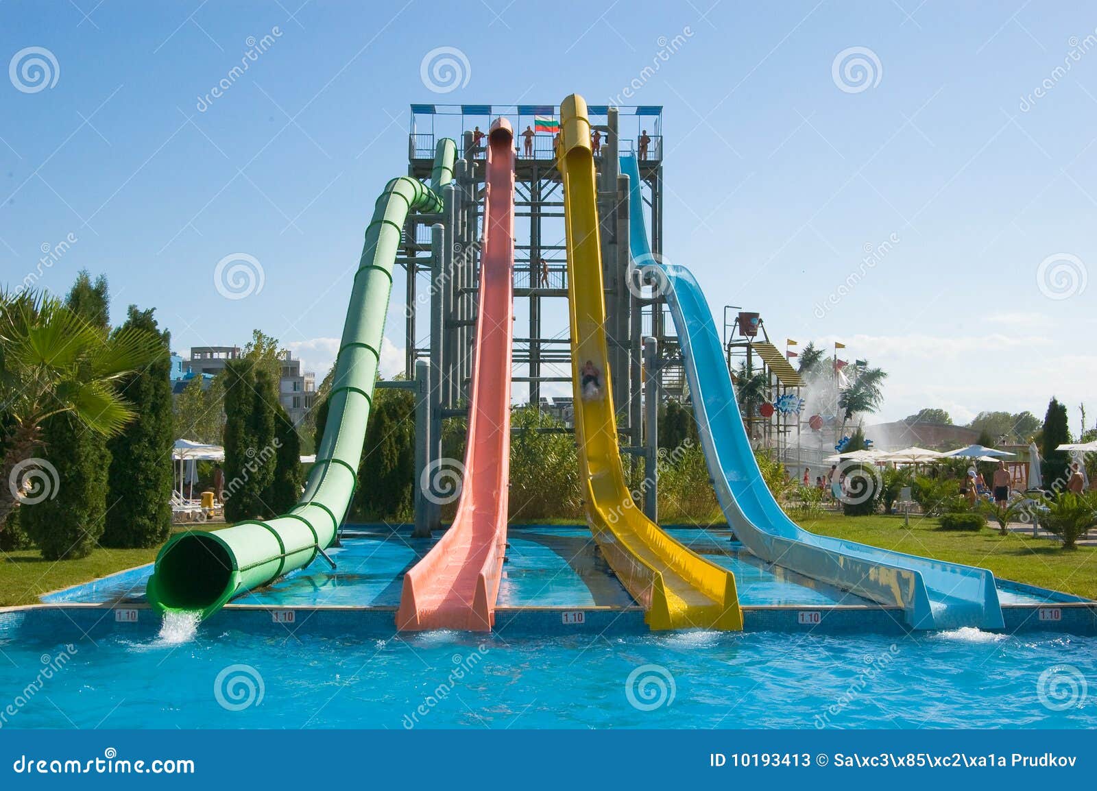 Water slides in aqua park stock image. Image of park - 10193413