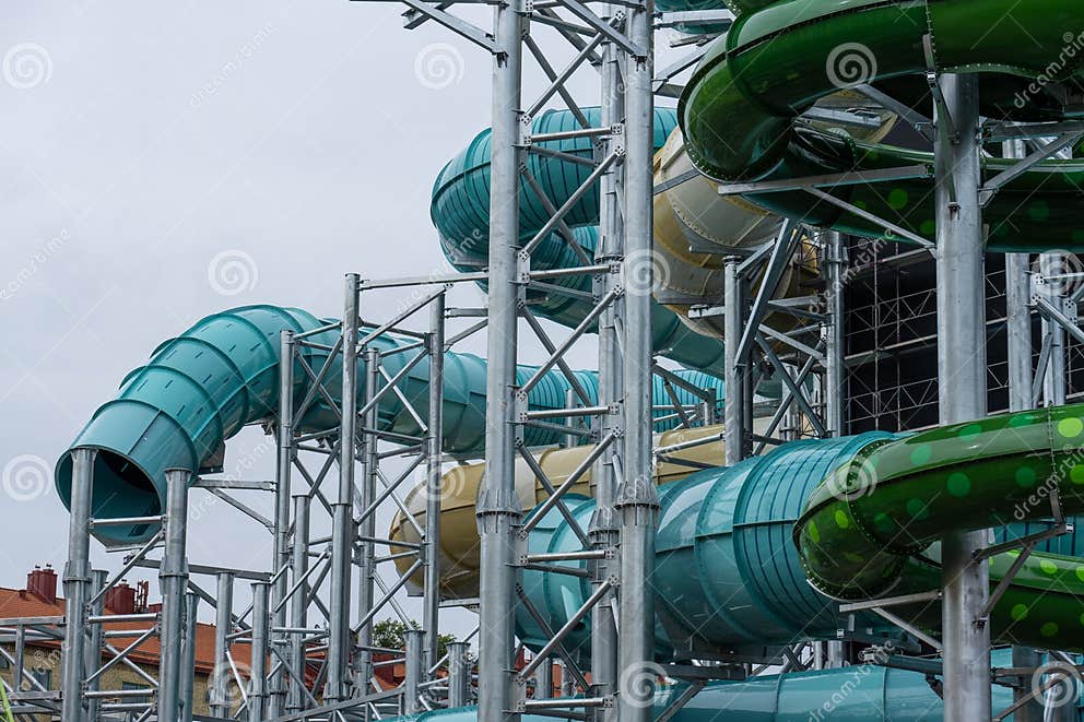 Water Slides of a Water Park Under Construction.. Stock Image - Image ...