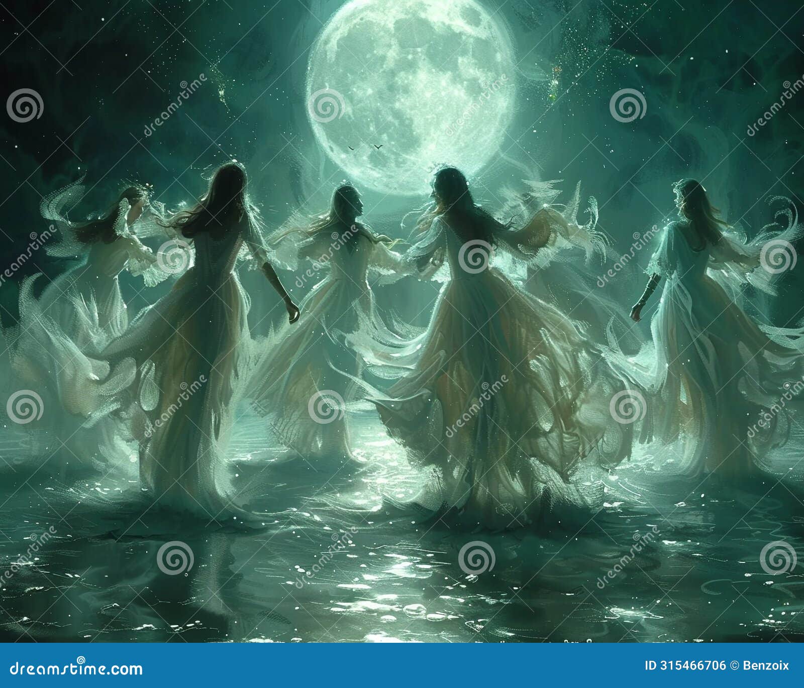 Water Spirits Dancing in a Moonlit Pool Stock Photo - Image of ...
