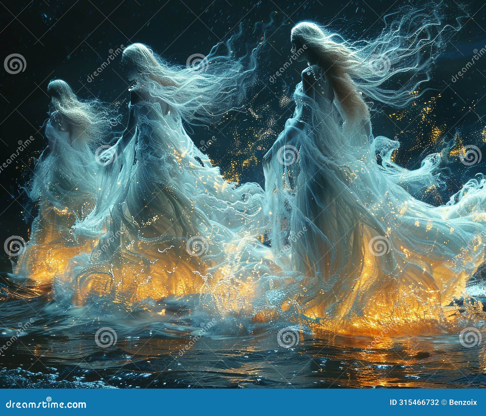 Water Spirits Dancing in a Moonlit Pool Stock Photo - Image of ...