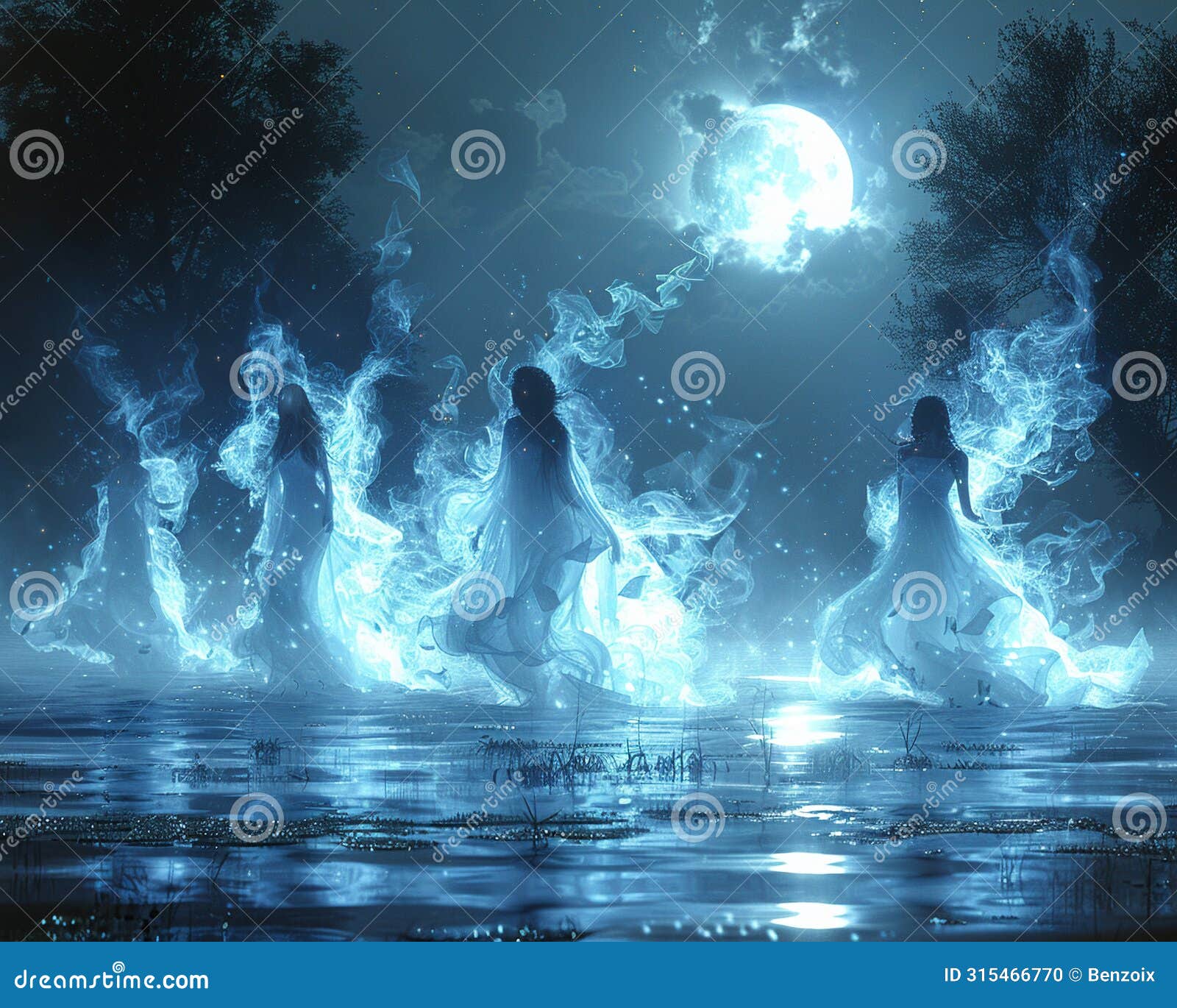 Water Spirits Dancing in a Moonlit Pool Stock Photo - Image of emotion ...