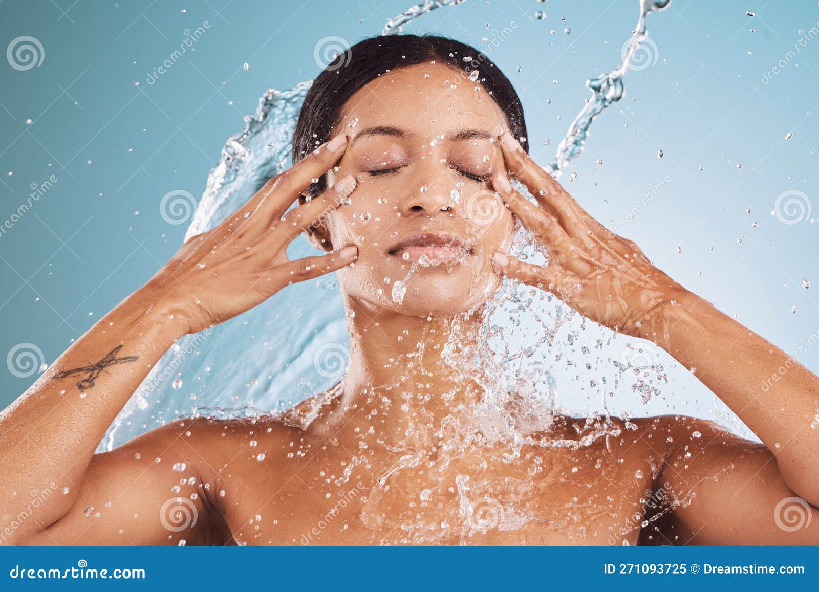 Water Splash And Black Woman With Shower For Beauty And Face Cleaning
