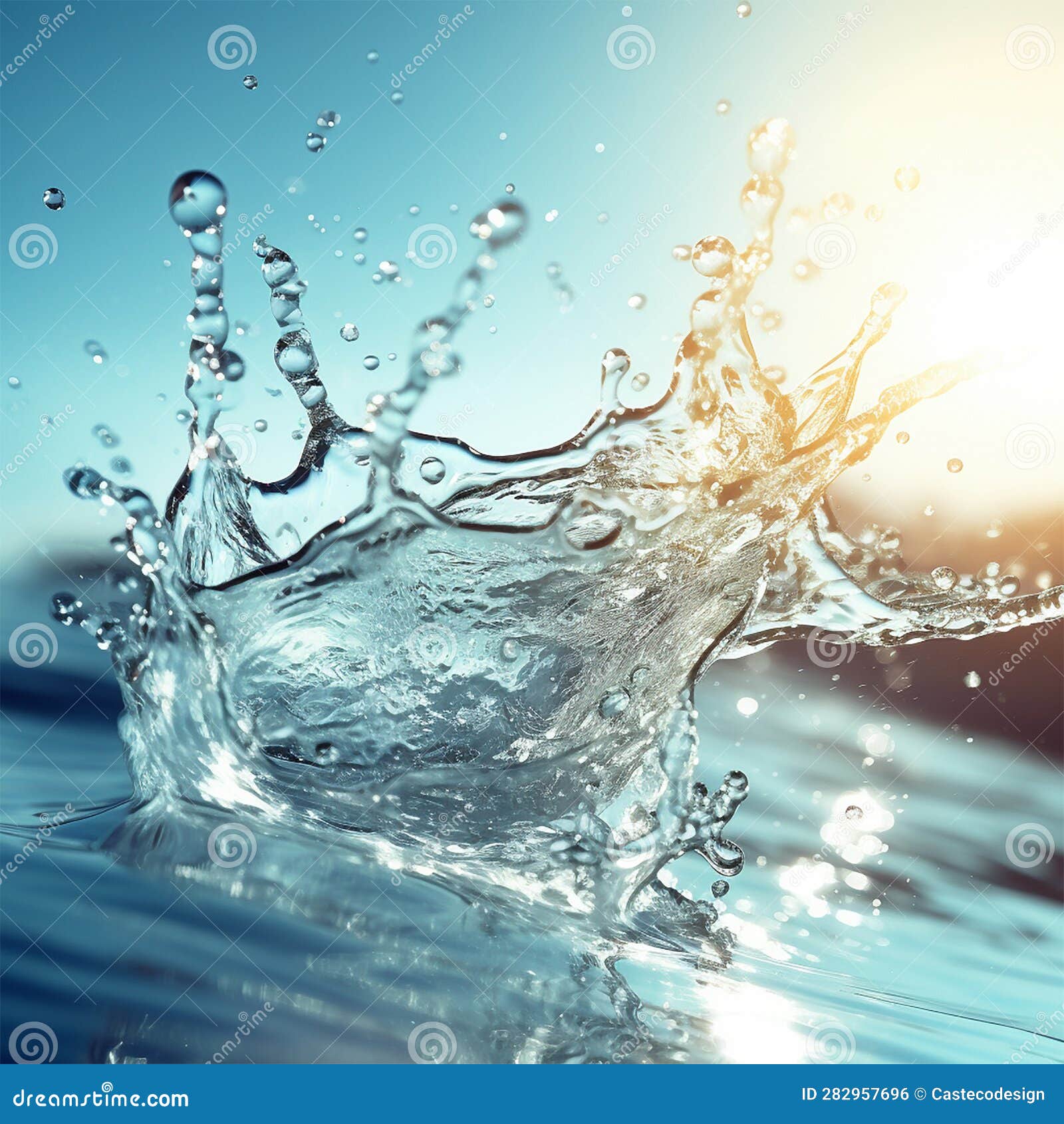 Water Splash with Blue Sky and Sun Light, Water Drops Generated by AI ...