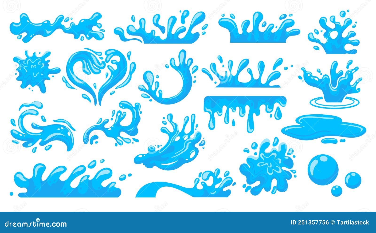 Water Splash. Cartoon Falling Liquid Drops, Floating Waves and Stream ...