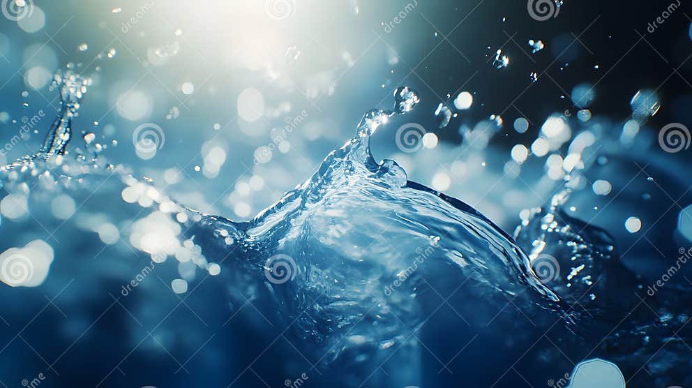 Water Splash Close-up, Blue Background, Light Reflections Stock ...