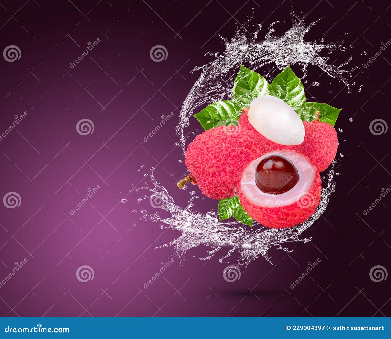 Water Splash on Fresh Lychee with Leaves Isolated on Purple Background ...