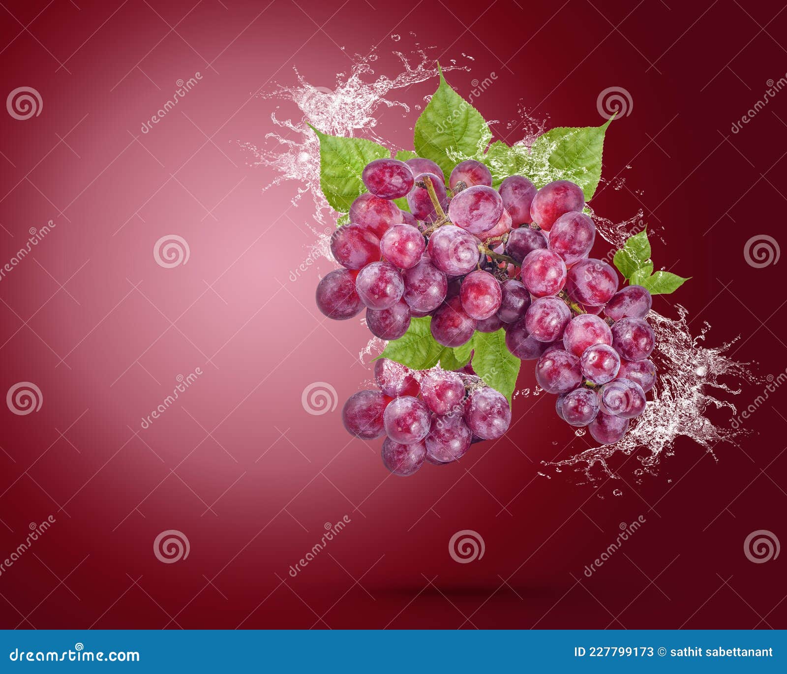 Water Splash on Fresh Red Grape with Leaves Isolated on Red Background ...