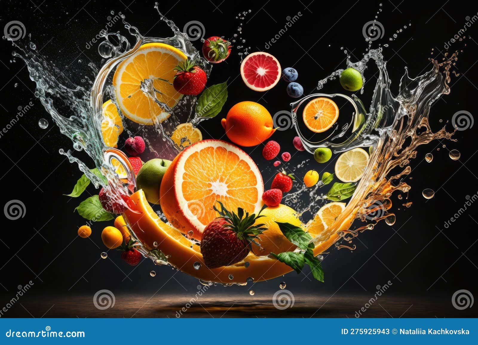 Water splash with fruits stock illustration. Illustration of nature ...