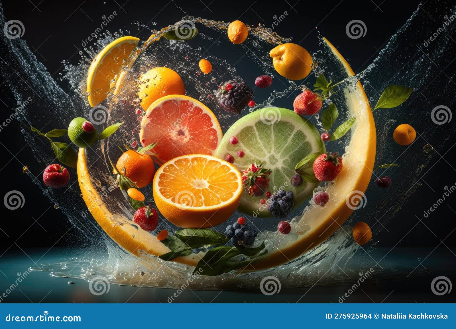 Water splash with fruits stock illustration. Illustration of lemon ...
