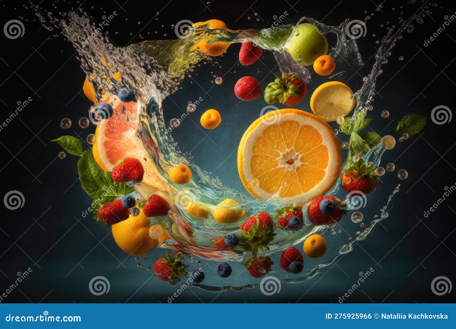 Water splash with fruits stock illustration. Illustration of food ...