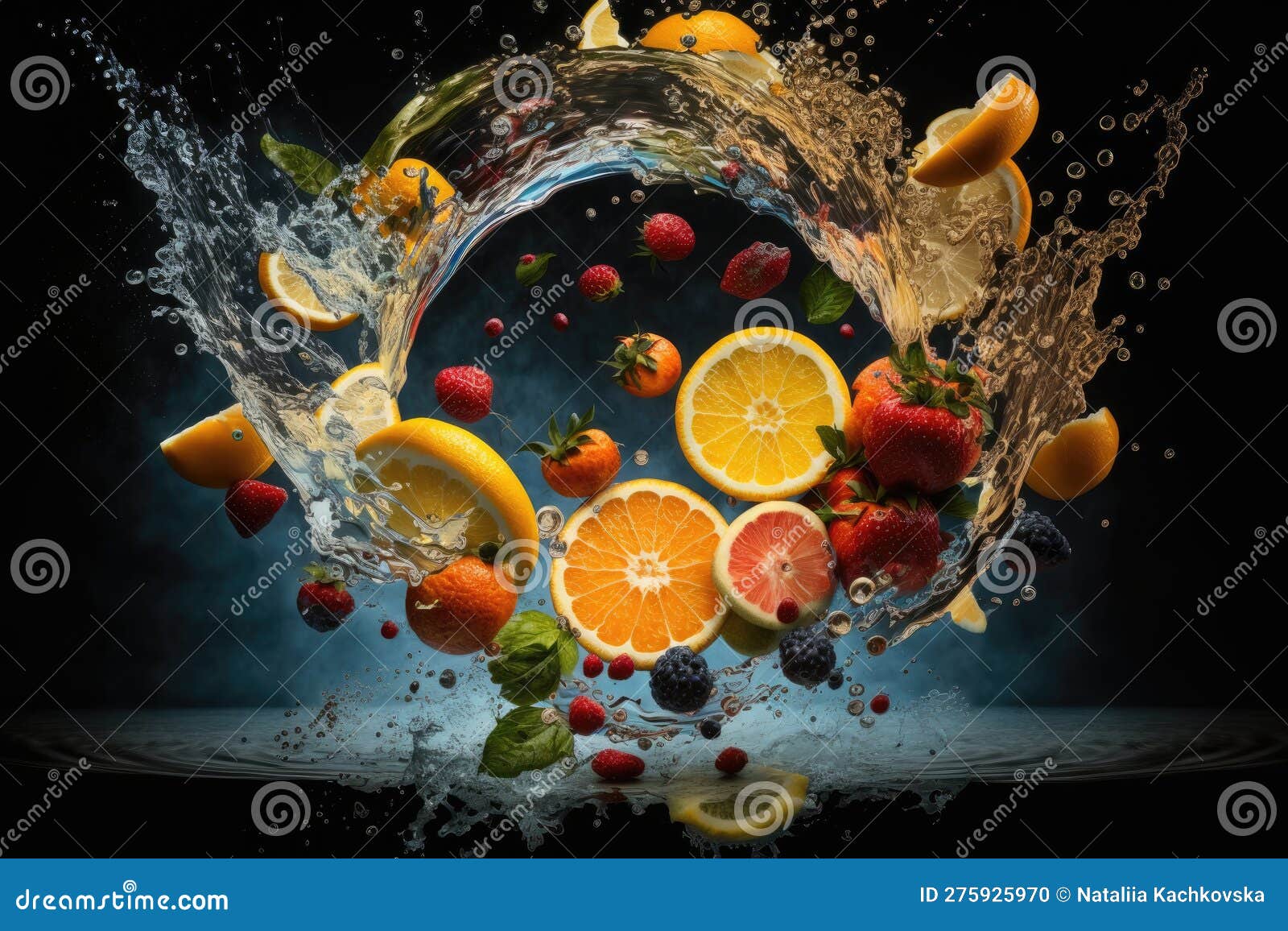 Water splash with fruits stock illustration. Illustration of beverage ...