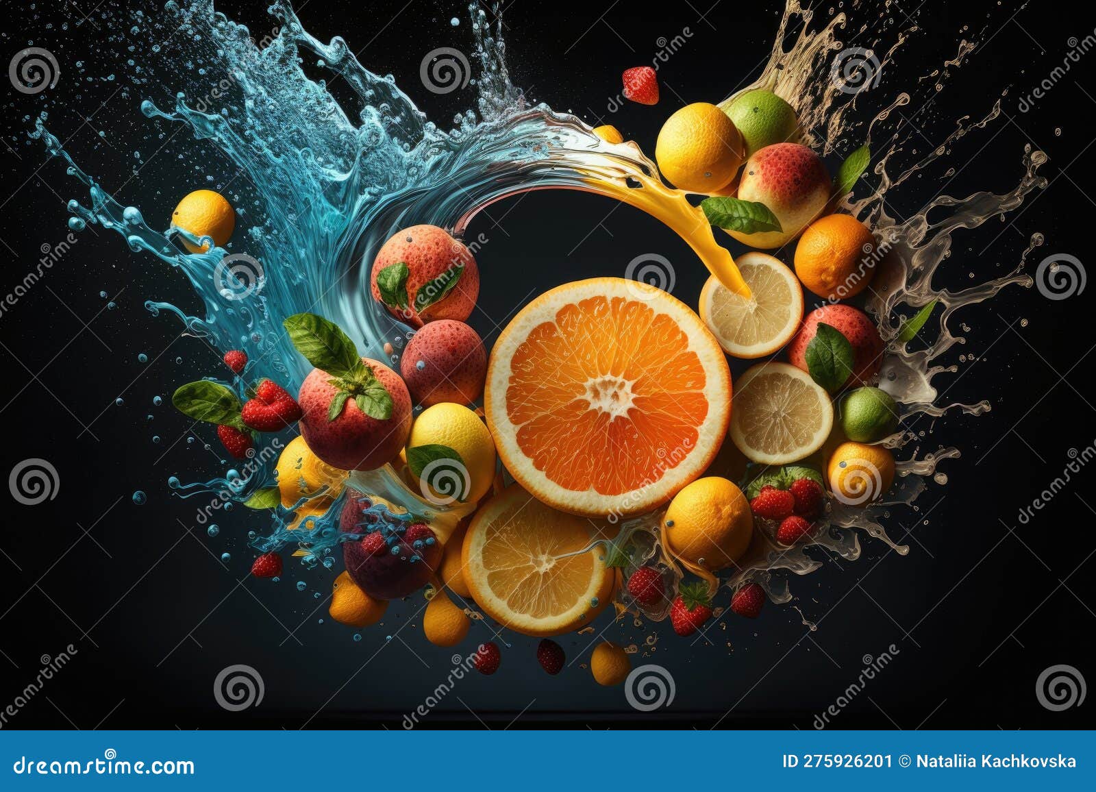 Water splash with fruits stock illustration. Illustration of closeup ...