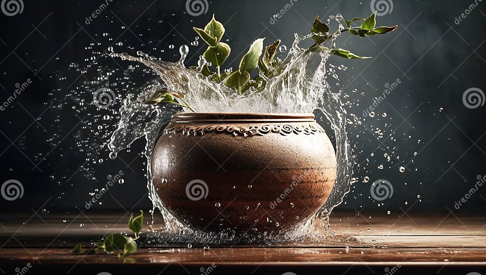 Water Splash in a Pot with a Plant. AI Generated Stock Illustration ...