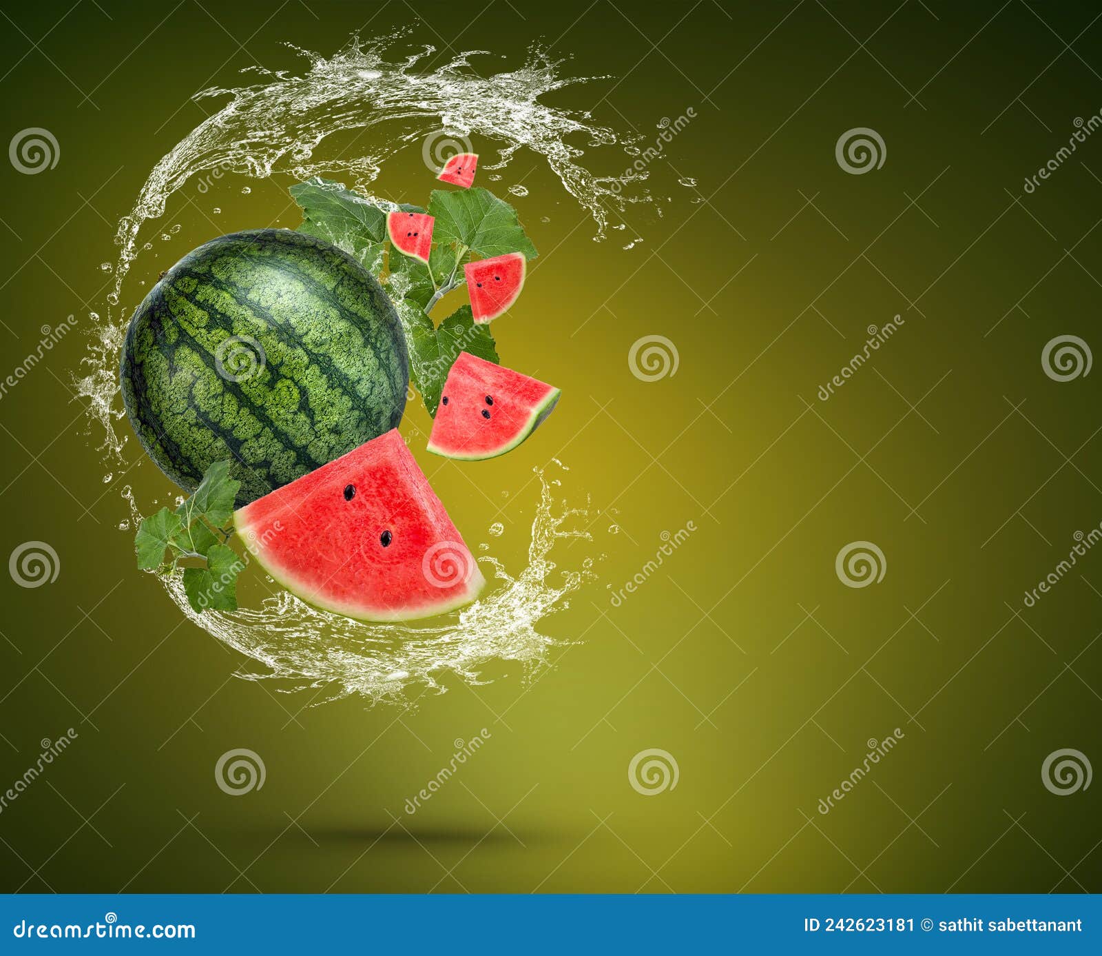 Water Splash on Watermelon with Leaves Isolated on Green Background ...