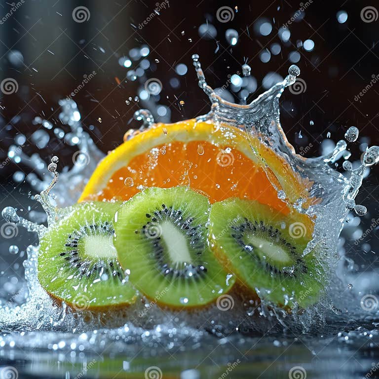 Water Splashes and Fresh Fruit Float Aesthetically Against an Elegant ...