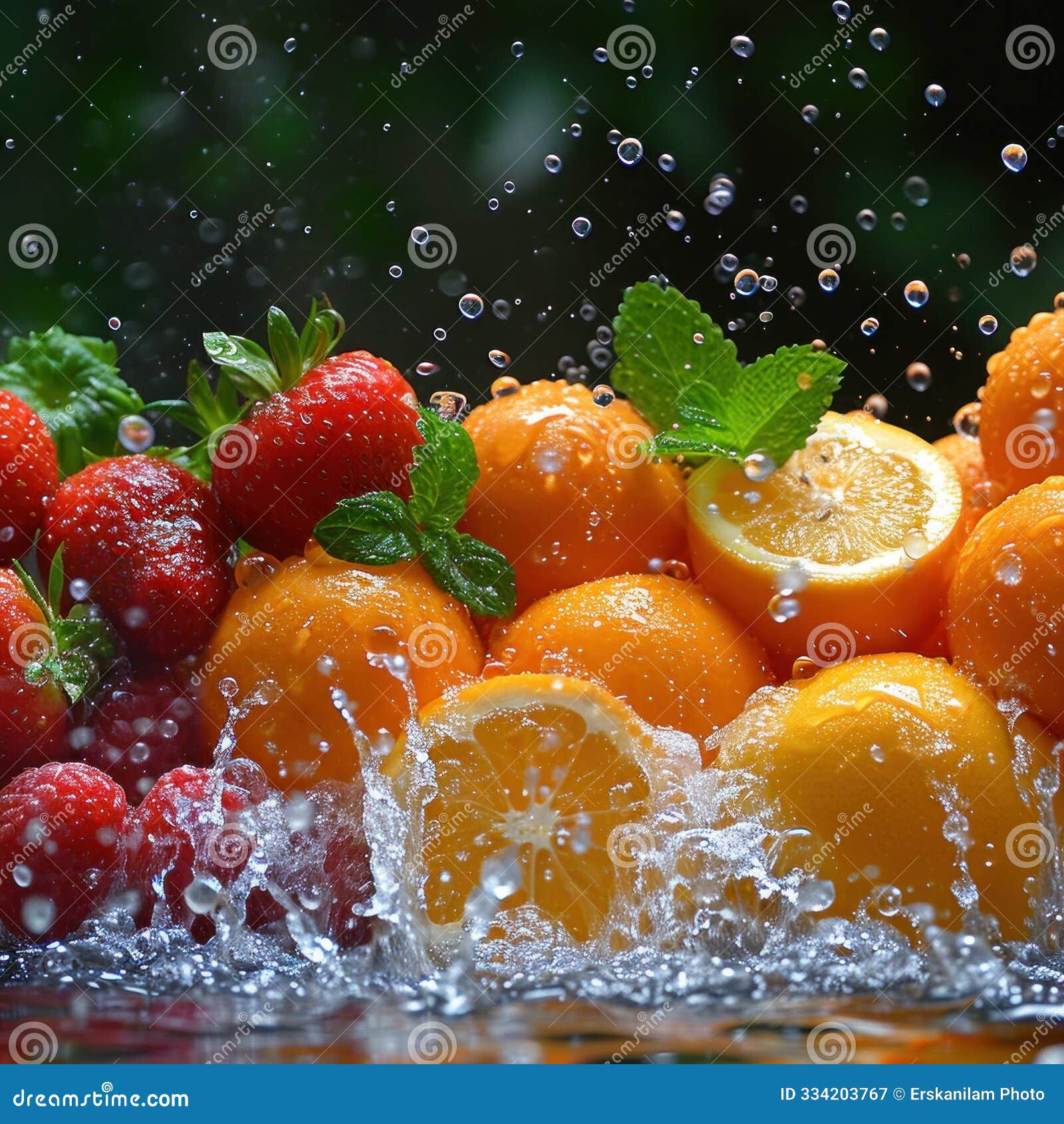 Water Splashes and Fresh Fruit Float Aesthetically Against an Elegant ...