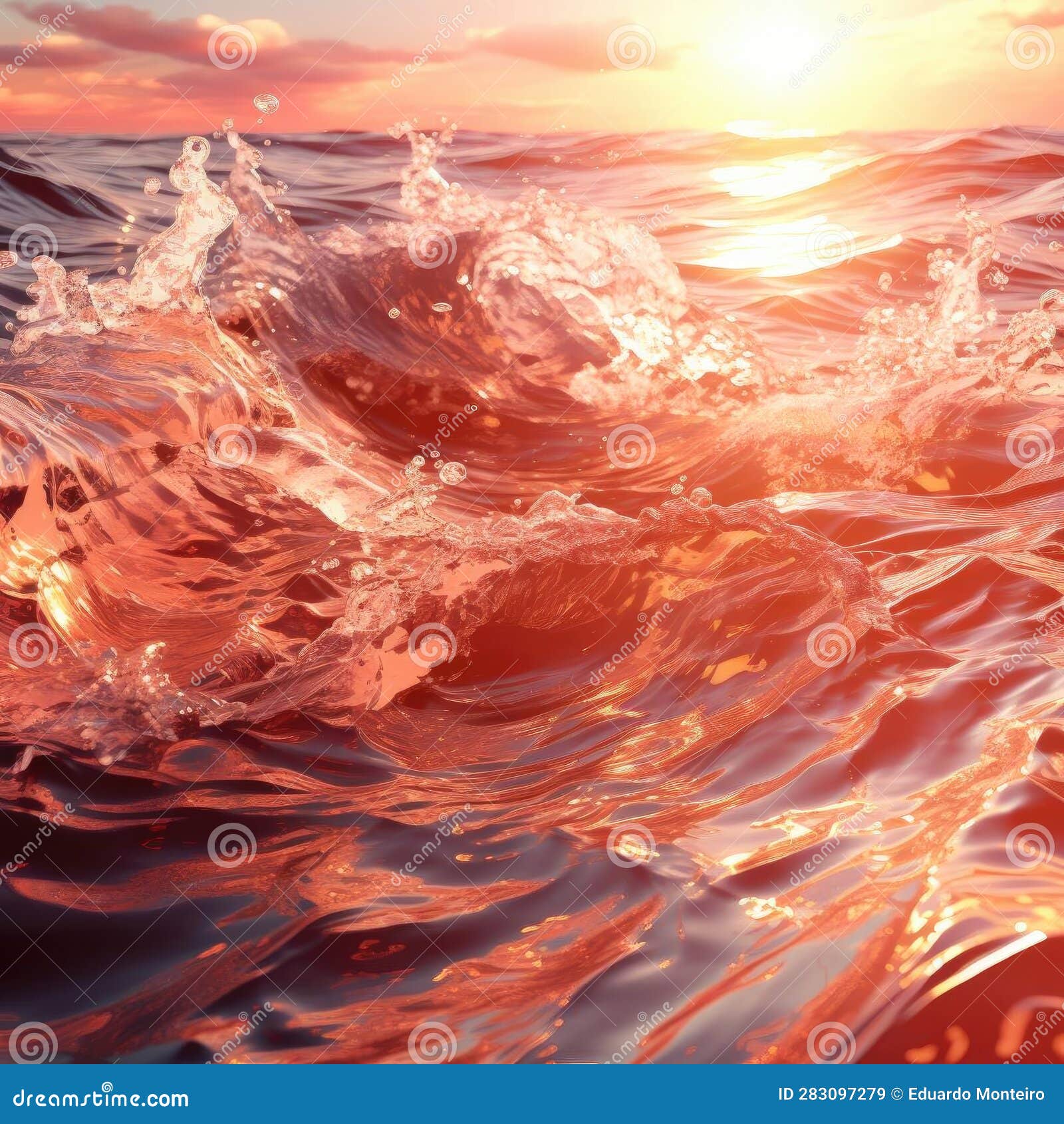 Water Splashes with Sunset Over the Ocean in Detailed Hyperrealism ...