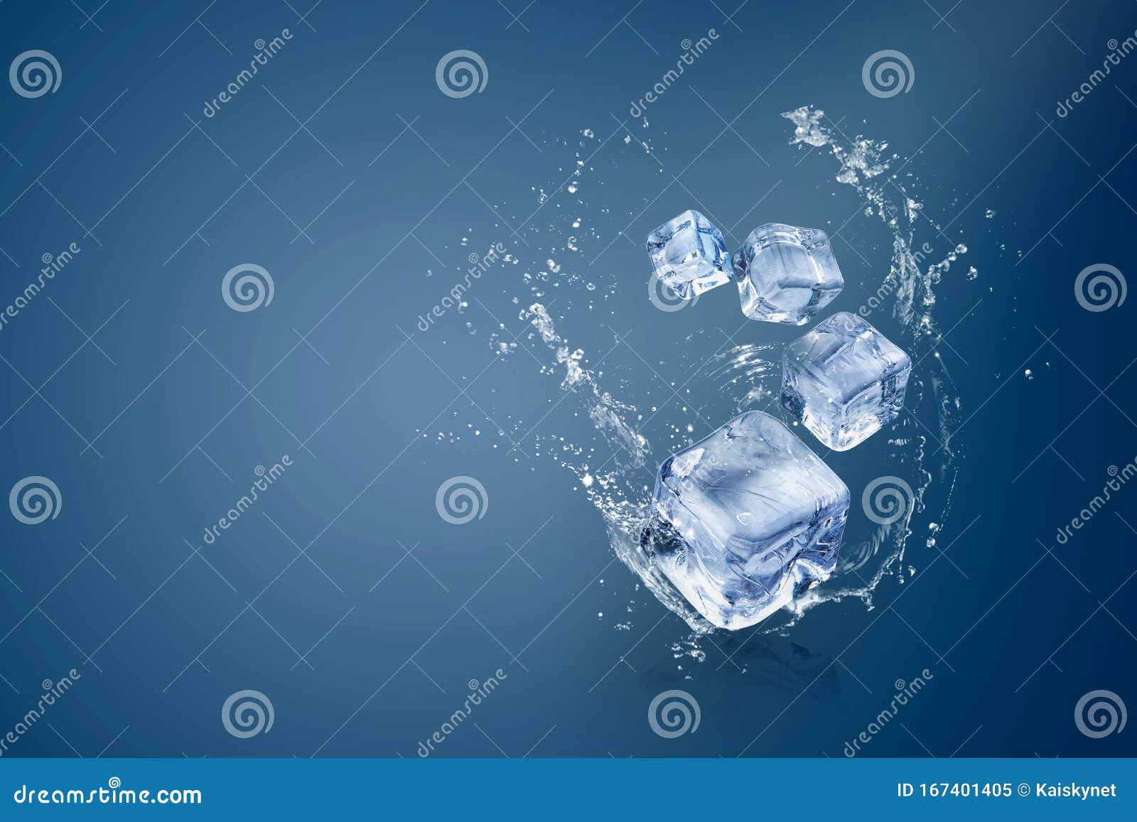 Water Splashing on Ice Cubes Isolated Over a Blue Background and Copy ...