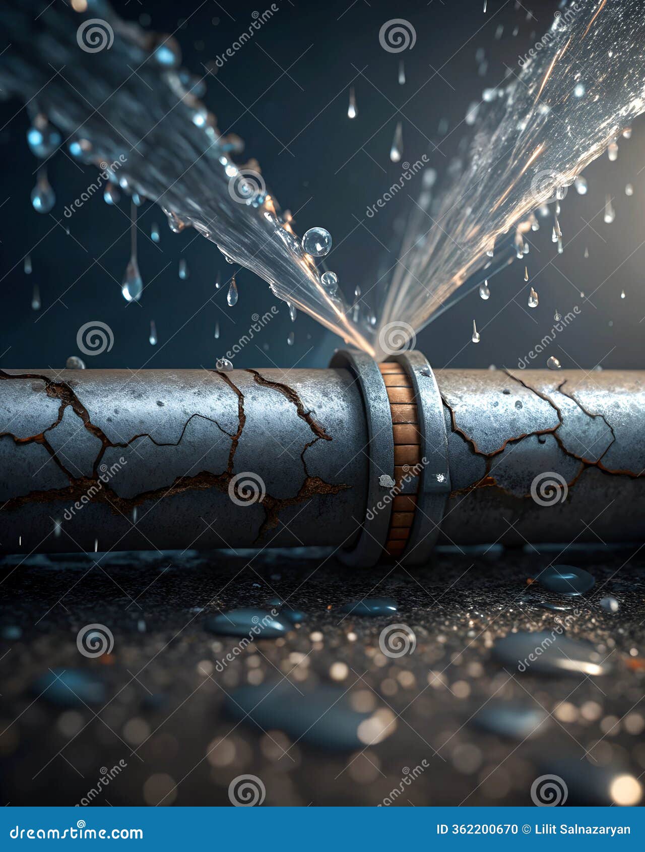 Leaking Pipe. Water Spray and Damage Stock Photo - Image of iron, water ...