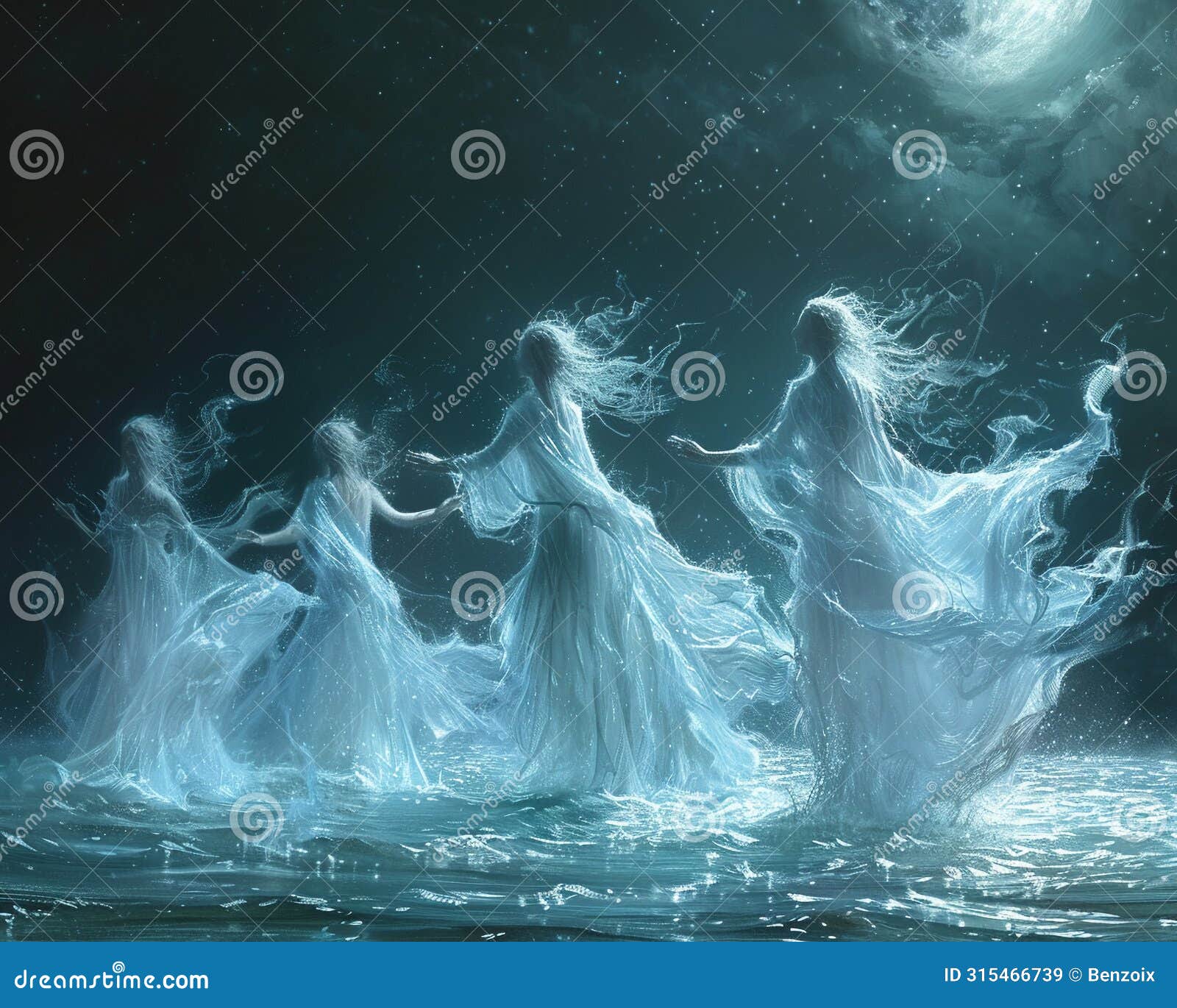 Water Sprites Dancing in a Moonlit Pool Stock Image - Image of vivid ...