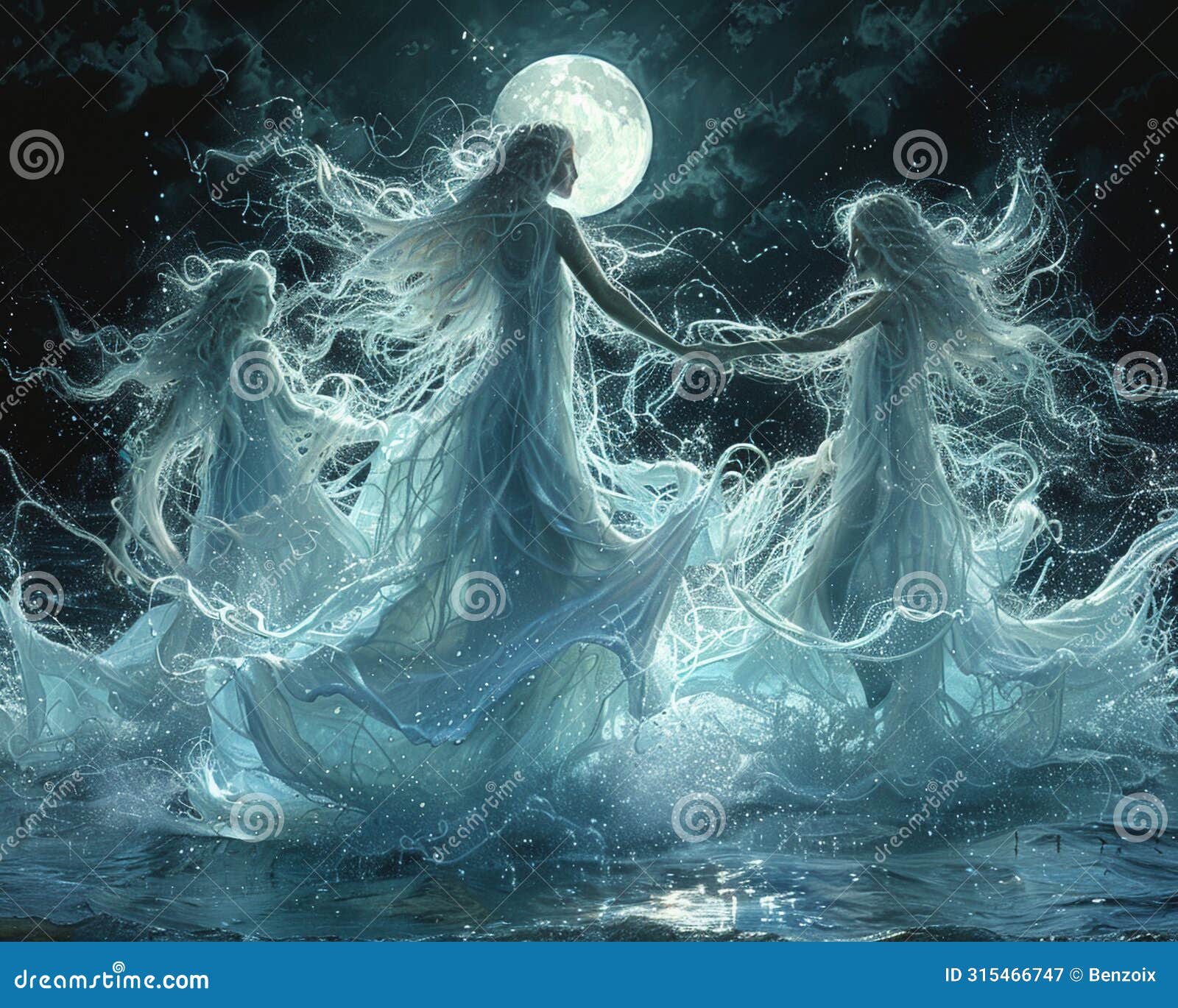 Water Sprites Dancing in a Moonlit Pool Stock Image - Image of stunning ...