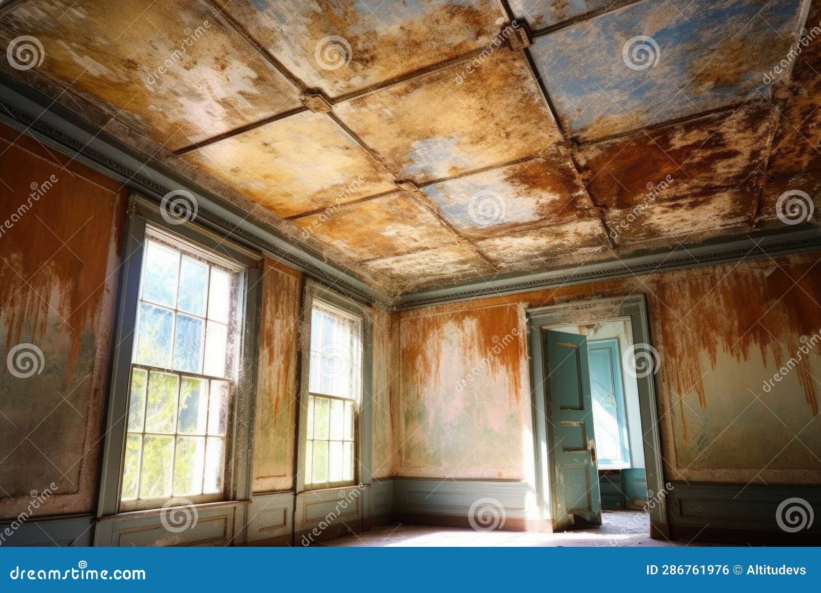 Water-stained Ceiling with Visible Cracks Stock Photo - Image of repair ...