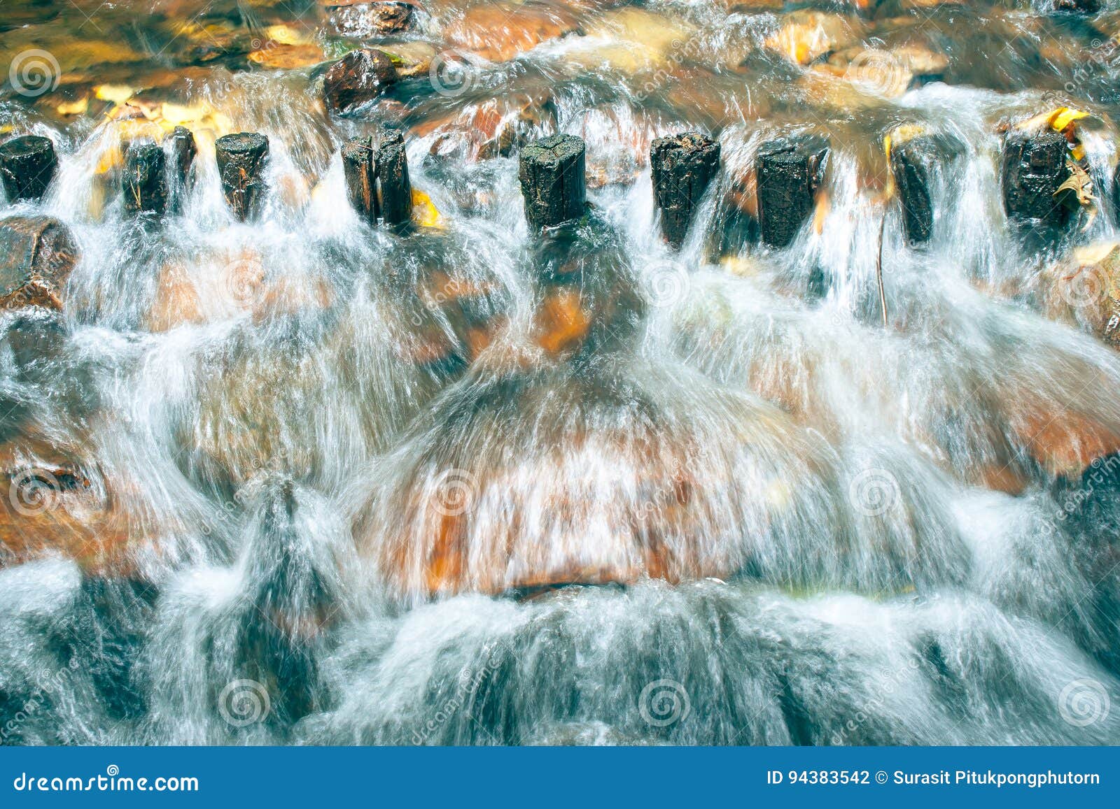 Water Stream Overflow through Wooden Weir in the River. Stock Photo ...
