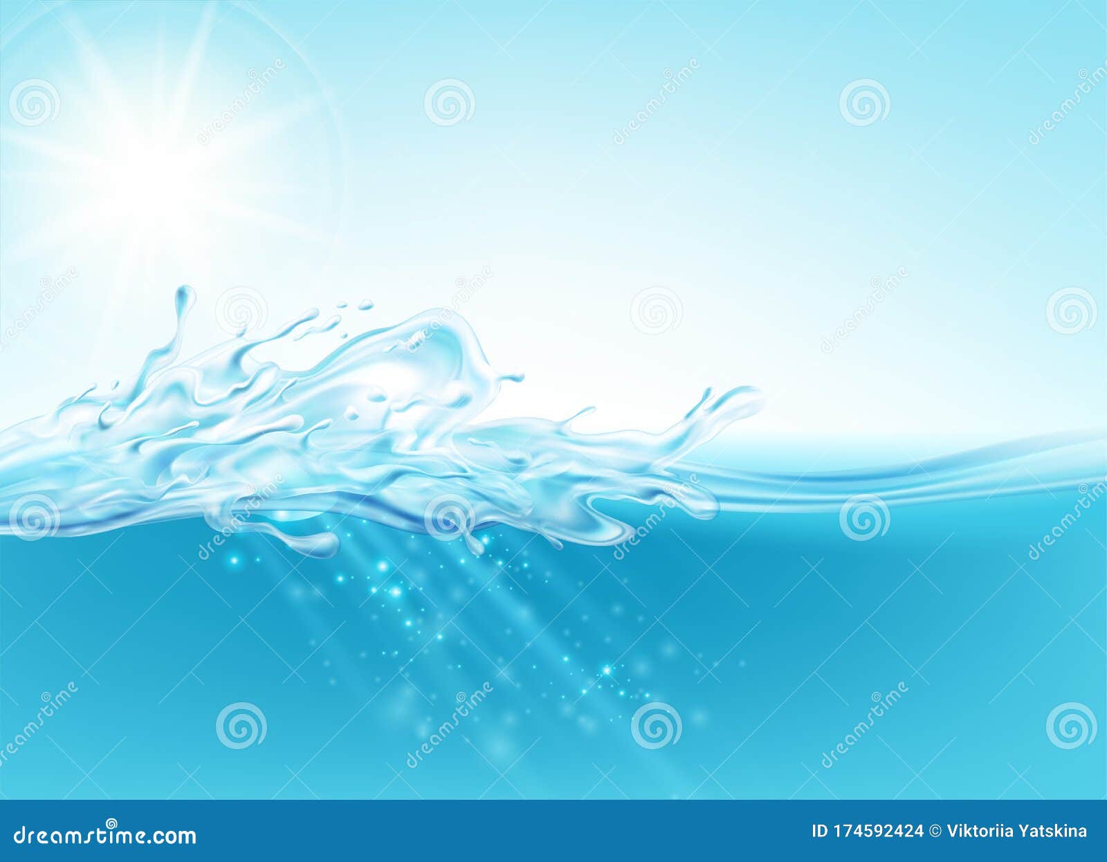 Water Stream Splashes Realistic Illustration on a Blue Sea Background ...
